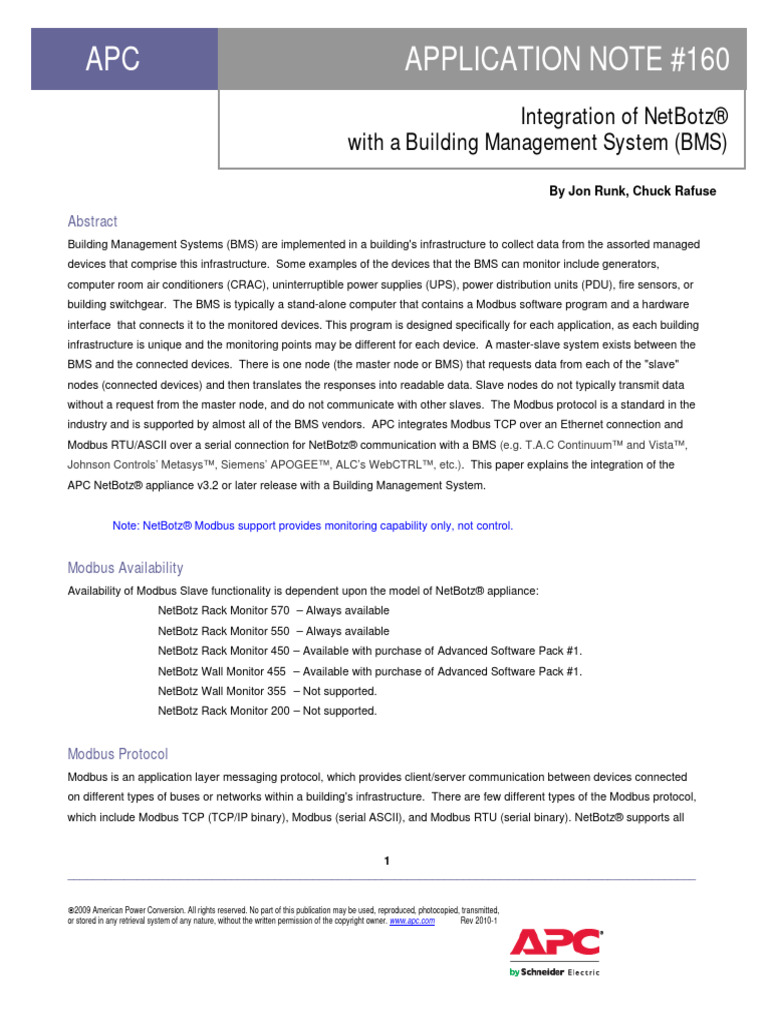 APC Application Note 160 - Integration of NetBotz With A Building ... APC Application Note 160 - Integration of NetBotz With A Building ...