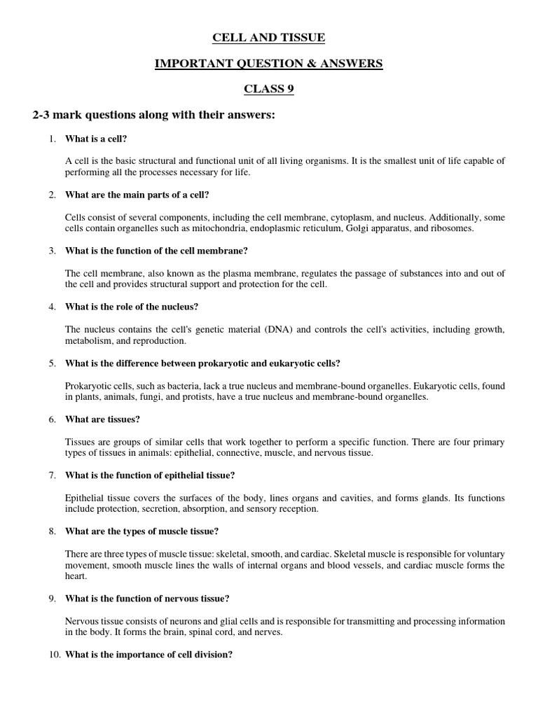 Class 9 Cell & Tissue Important Questions & Answers | PDF | Cell ...