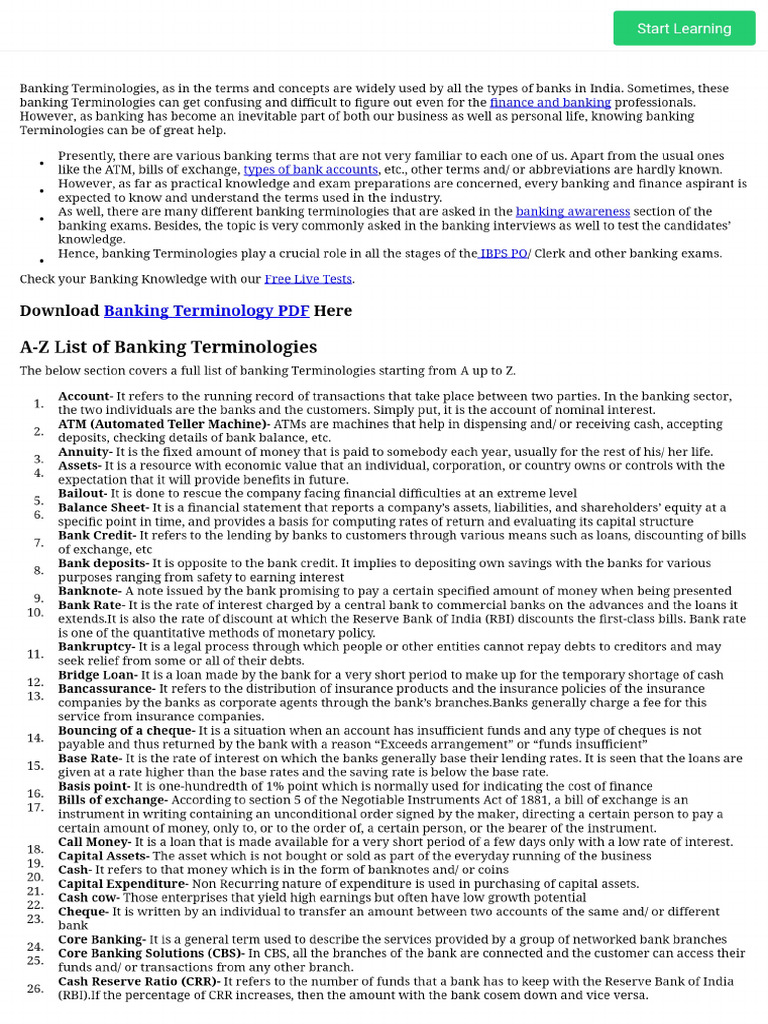 Banking Terminologies For Bank Exams - List of Important Terms | PDF