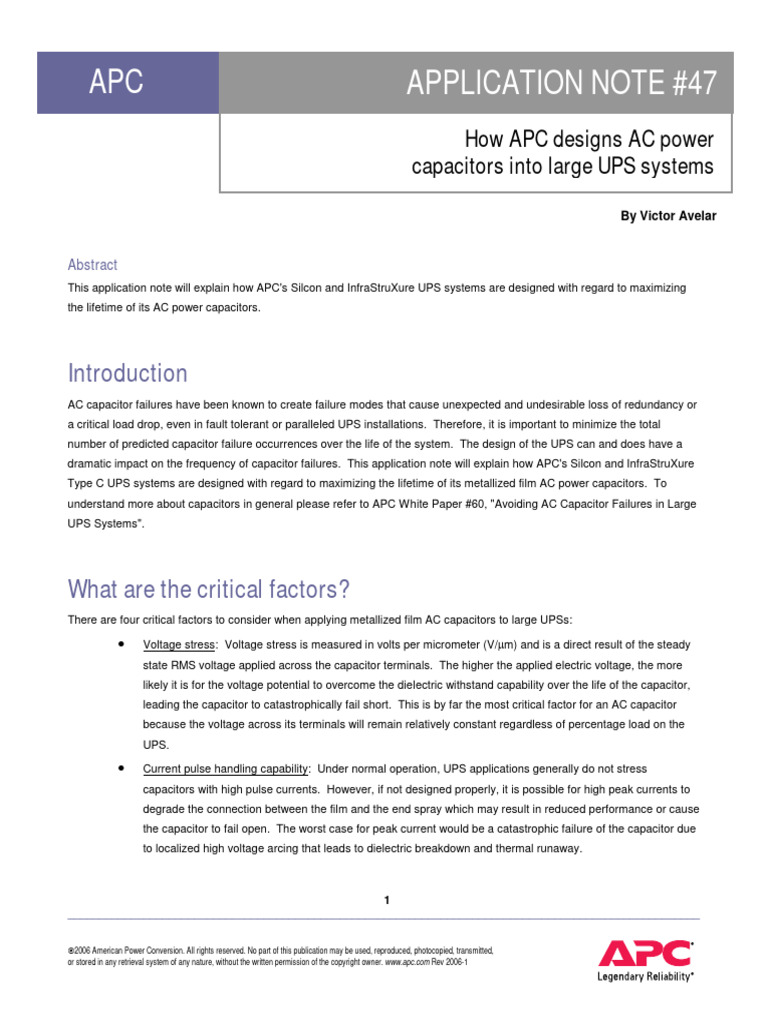 APC Application Note 047 - How APC Designs AC Power Capacitors Into Large UPS Systems | Download ...