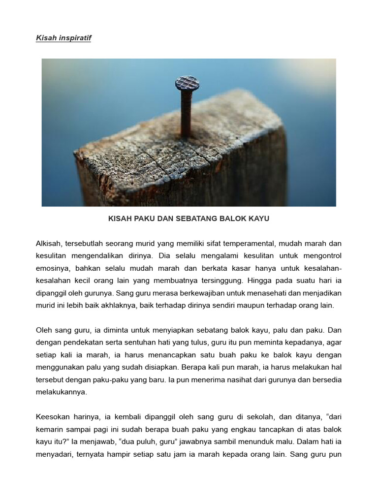 Kisah Inspiratif Paku Dan Sebatang Kayu | PDF