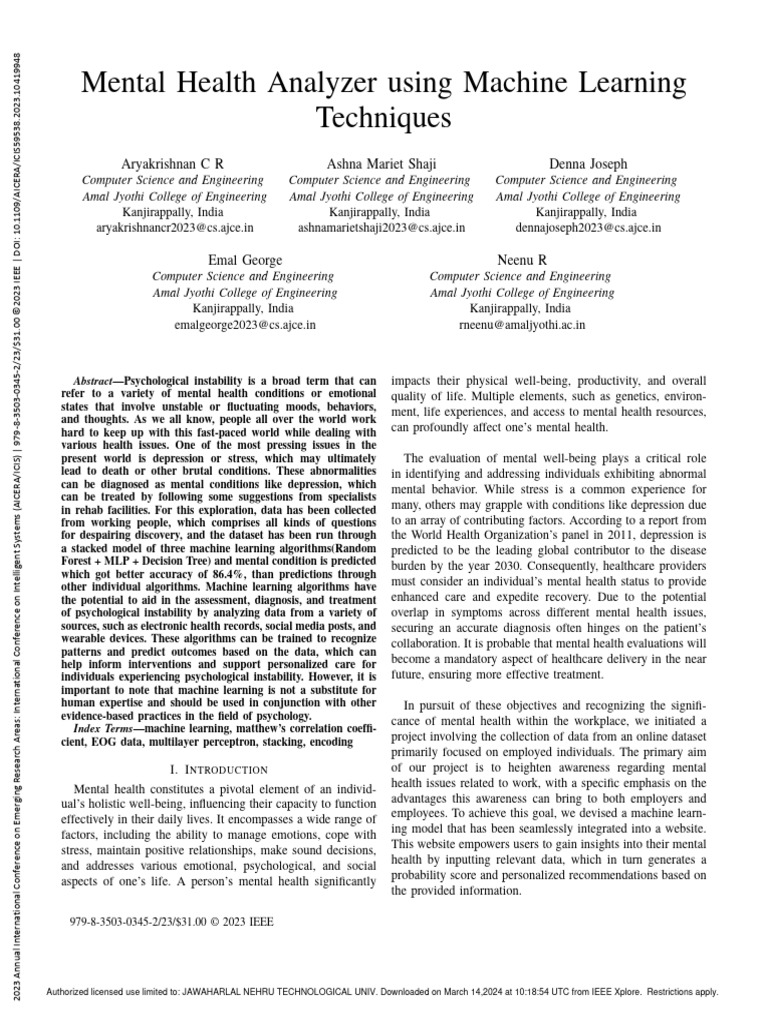 Machine Learning for Mental Health Analysis | PDF | Machine Learning | Mental Health
