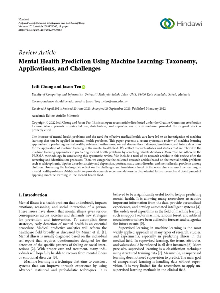 Review Article: Mental Health Prediction Using Machine Learning: Taxonomy, Applications, and ...
