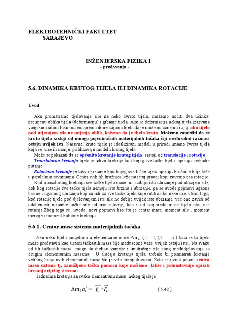 Dinamika Krutog Tijela, Moment Sile, Moment Kolicine Gibanja | PDF
