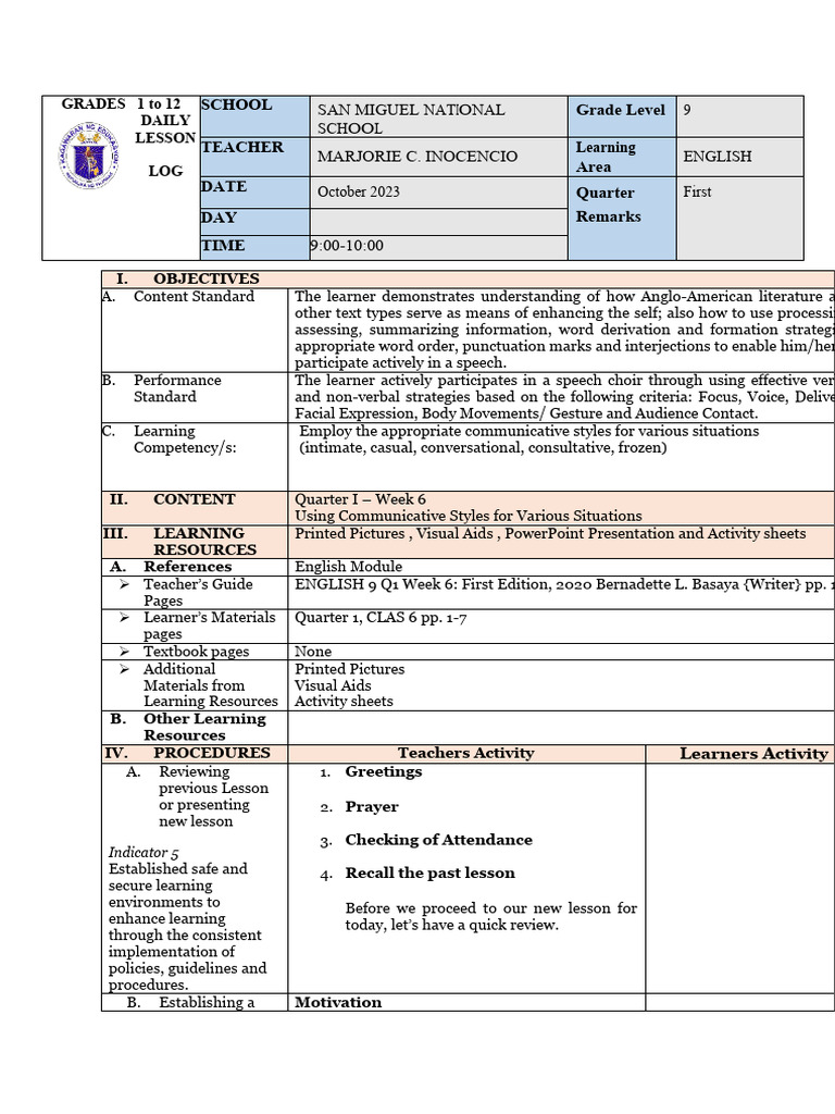 Communicative-Style COT1 Q1 SY 23-24 | PDF | Communication | Learning