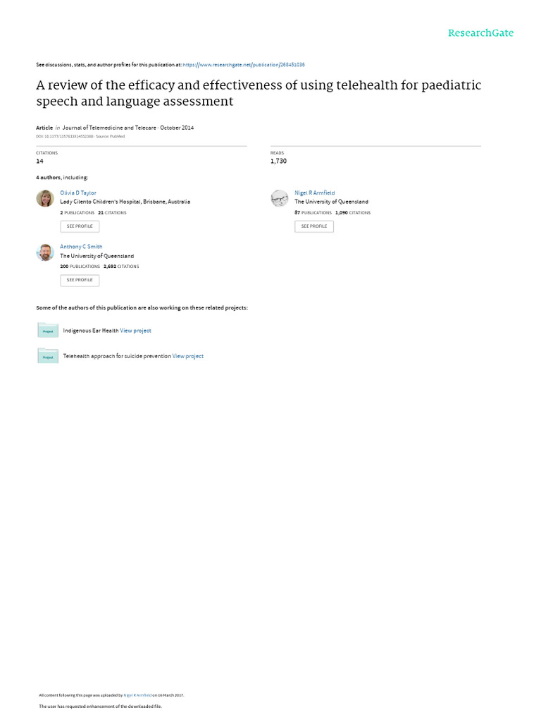 A Review of The Efficacy and Effectiveness of Using Telehealth For ...