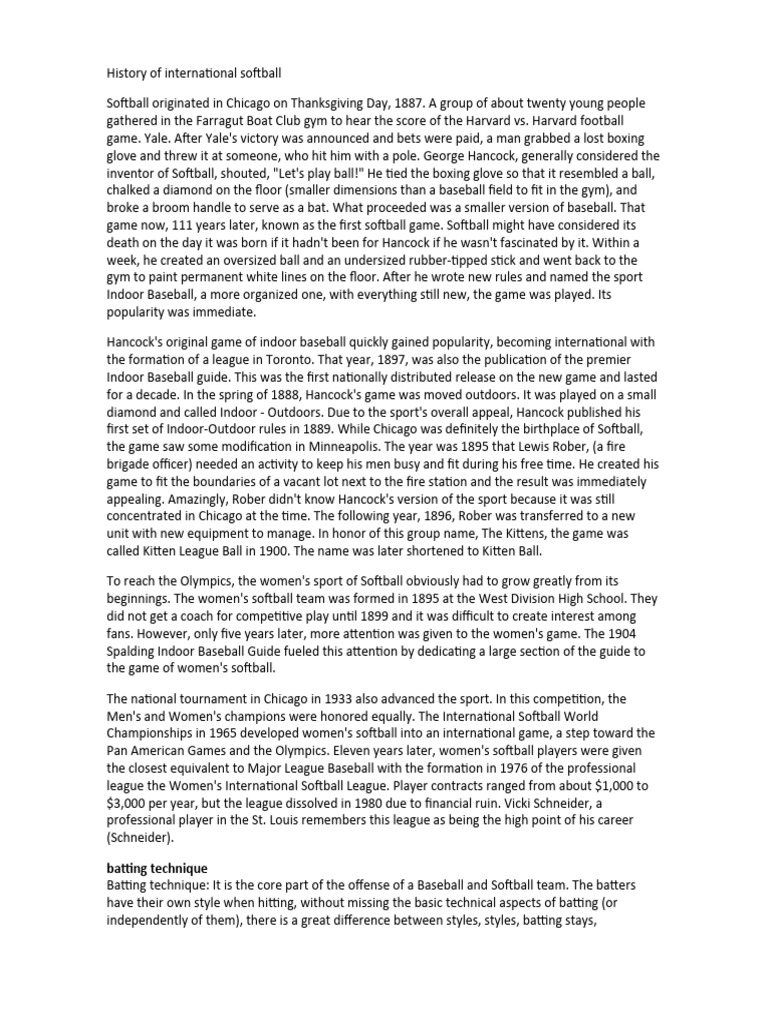 History and Evolution of Softball | PDF | Softball | Batting (Baseball)