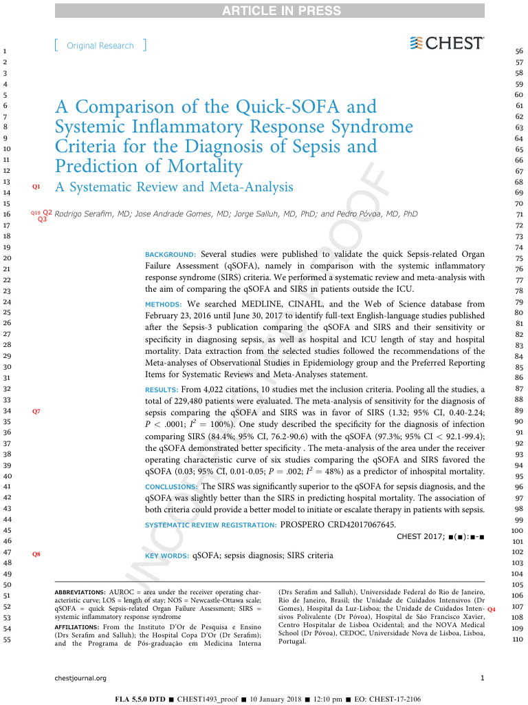 Comparing qSOFA and SIRS for Sepsis | PDF | Meta Analysis | Sensitivity ...