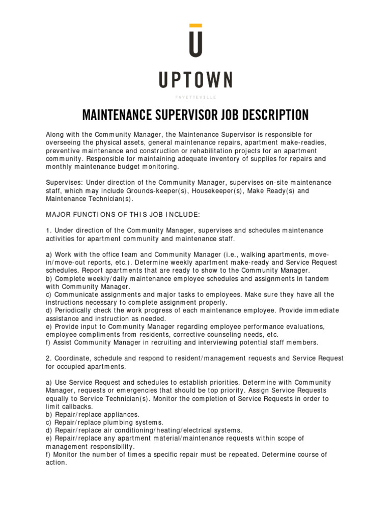 Uptown Maintenance Supervisor Job Description | PDF | Personal ...