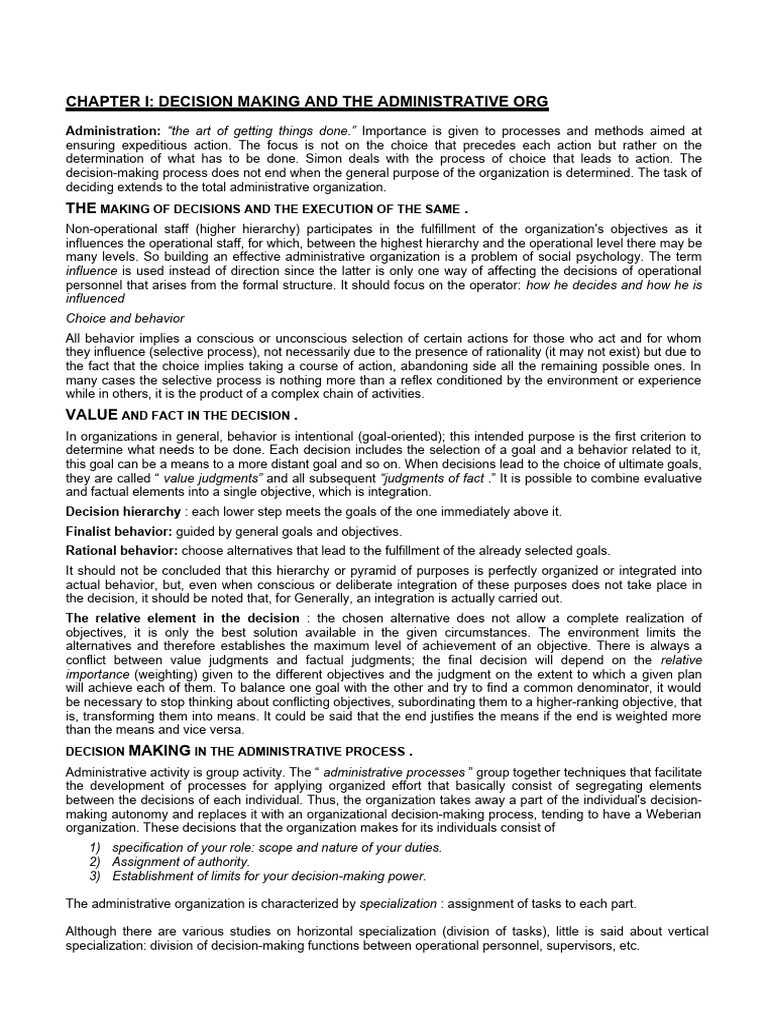 SIMON Summary Administrative Behavior | Download Free PDF | Decision ...