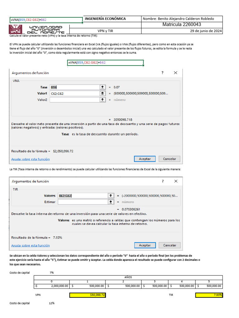 EJERCICIO VPN y TIR | PDF | Tasa interna de retorno | Inversiones