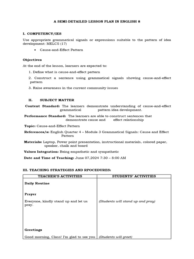 A Semi Detailed Lesson Plan For Final Demo Jerla | PDF | Lesson Plan ...