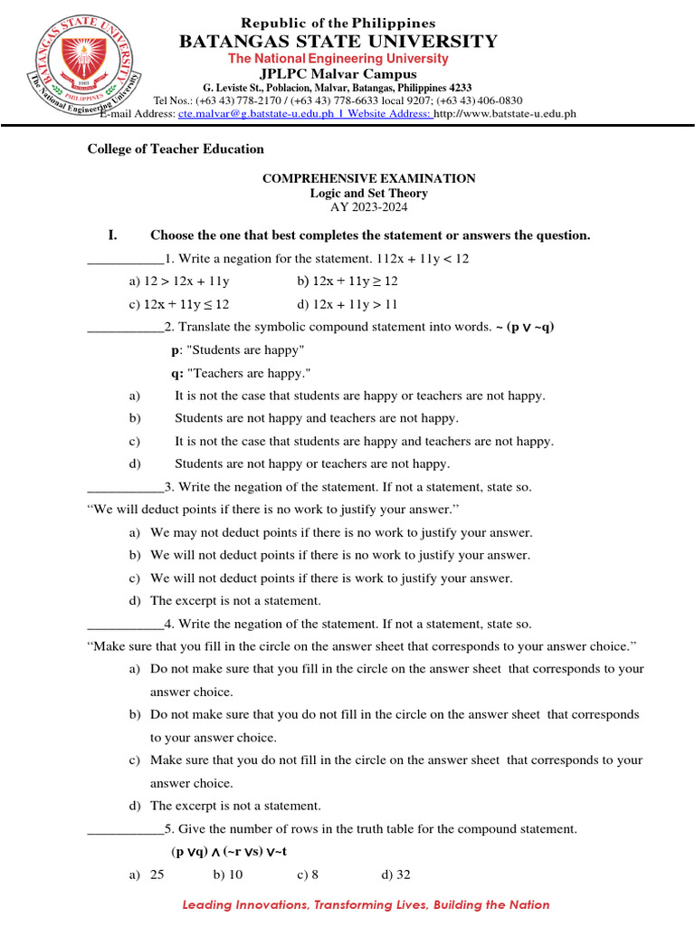 Logic and Set Theory Compre | PDF | Mathematical Logic | Logic