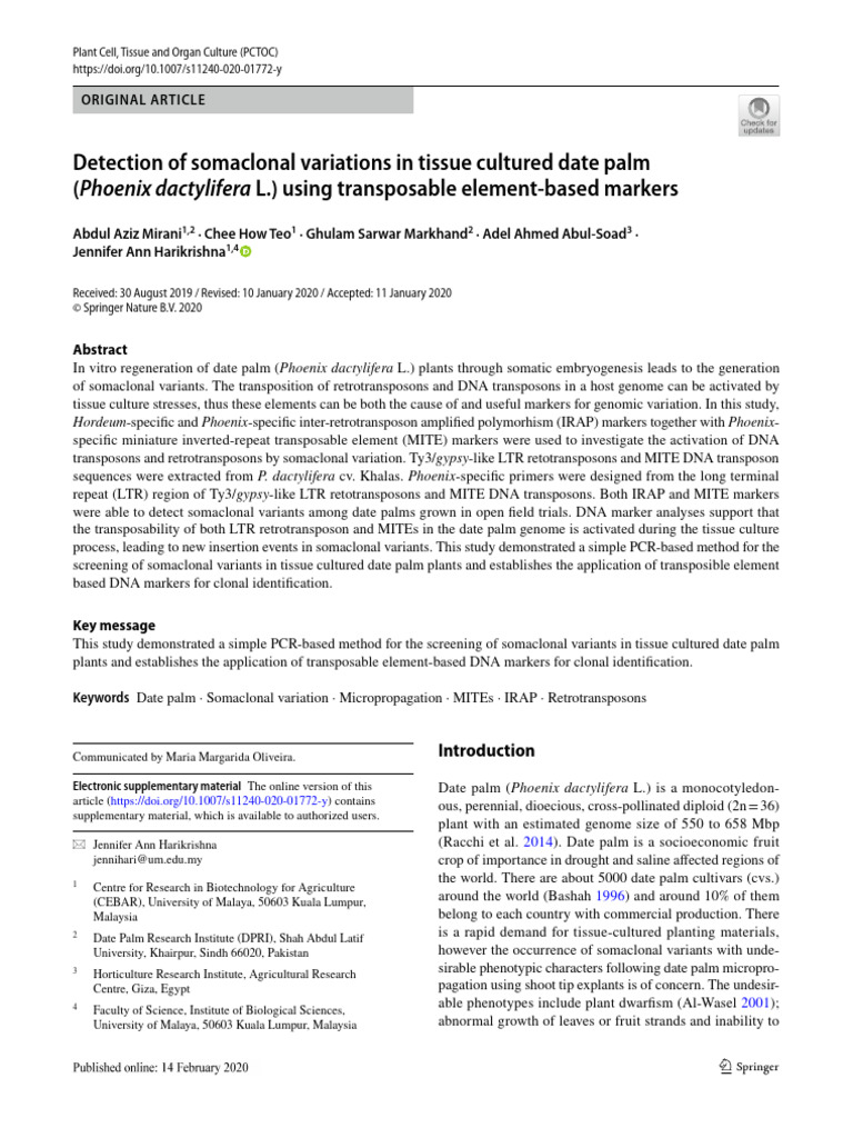 Detection of Somaclonal Variations in Tissue Cultured Date Palm (Phoenix Dactylifera L.) Using ...