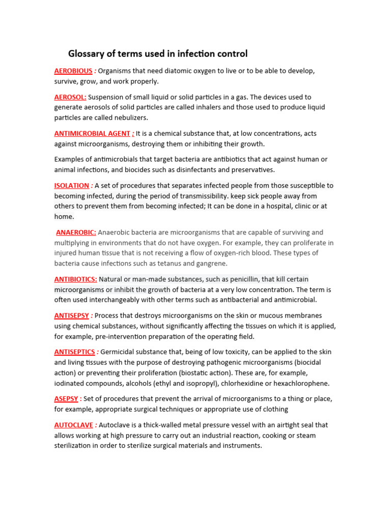 Infection Control Terms Glossary | PDF | Infection | Disinfectant
