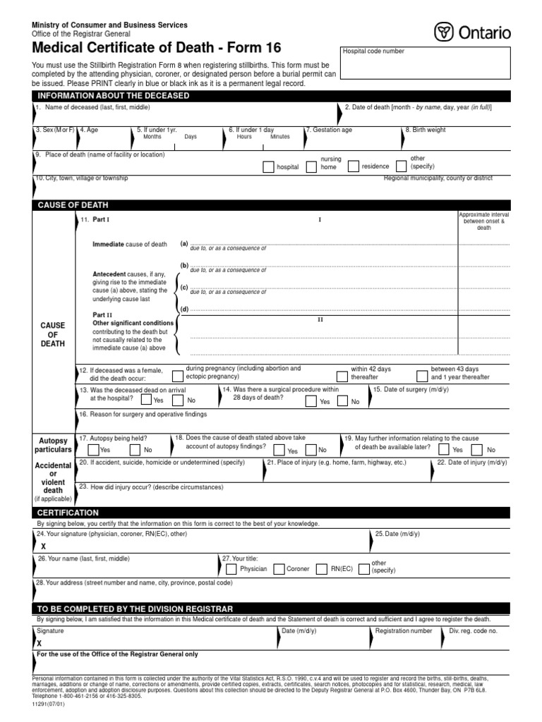 Medical Certificate of Death Form-16 | PDF | Abortion | Coroner