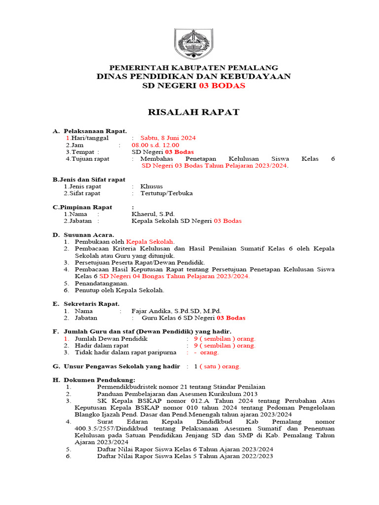 Contoh Risalah Rapat Sekolah Tentang KELULUSAN 2024-1 | PDF