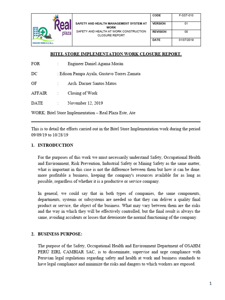 F-SST-010. SST Work Closing Report | PDF | Occupational Safety And ...