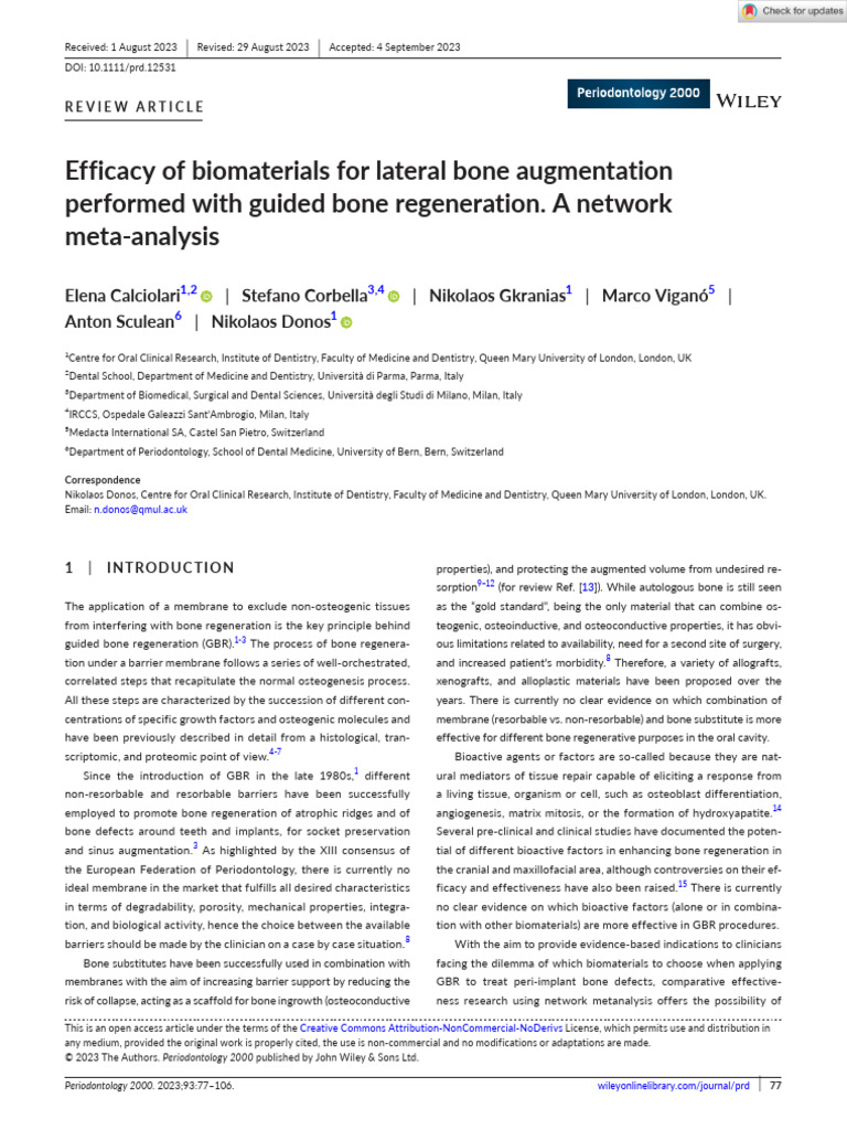 Periodontology 2000 - 2023 - Calciolari - Efficacy of Biomaterials For ...