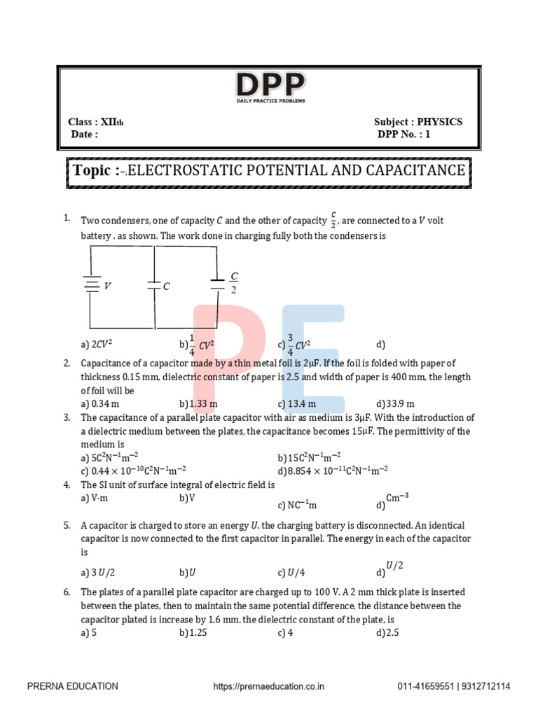 Electric Potential and Capacitance DPP 1 | PDF | Capacitor | Capacitance