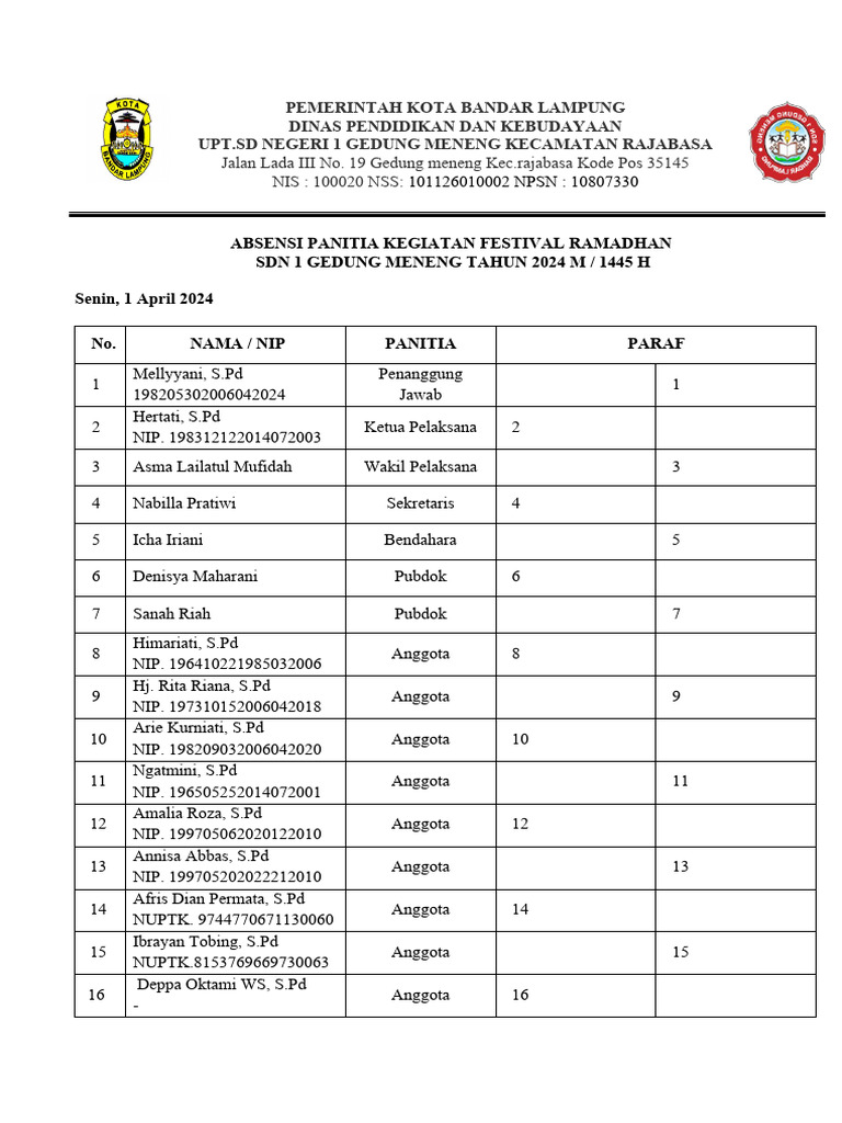 Absensi Panitia Festival Ramadhon 2024 | PDF