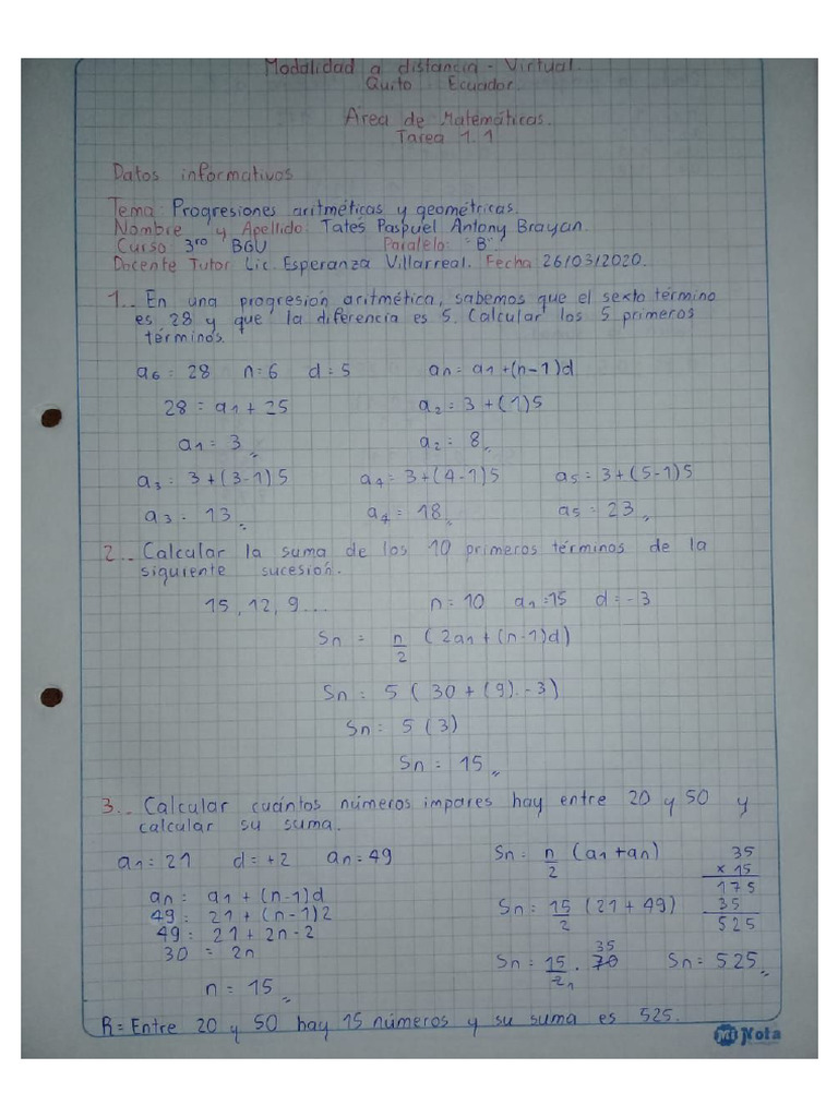 Tarea de Progresiones Aritméticas y Geométricas | PDF