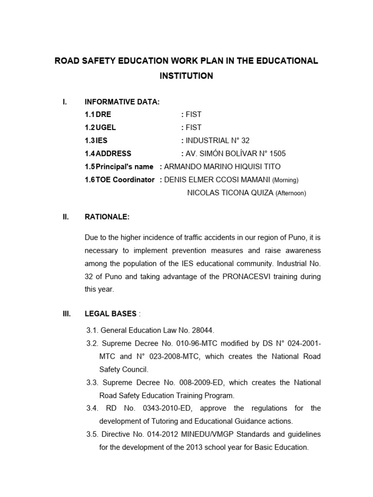 Road Safety Education Work Plan in The Educational Institution | PDF