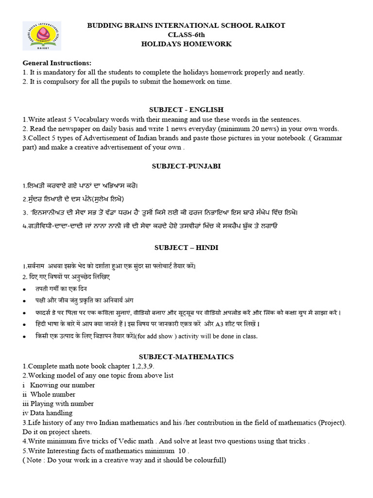 Holiday Homework Final - Vi | PDF