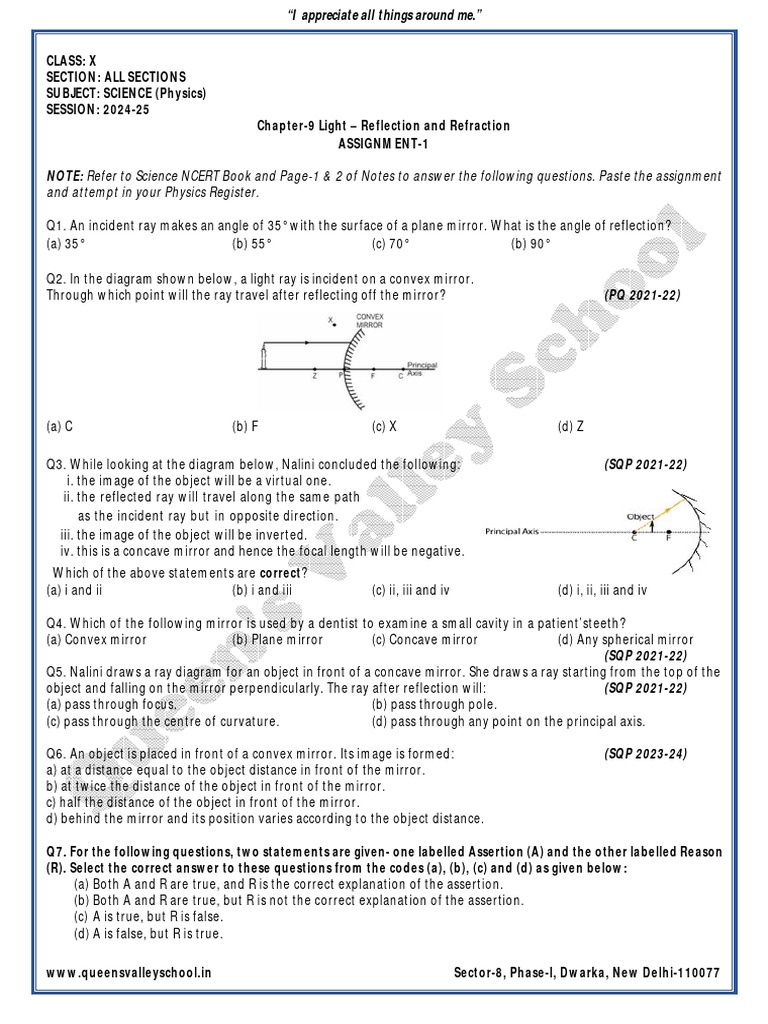 X - Science - Physics - CH-9 Light - Assignment-1 | PDF | Mirror | Optics