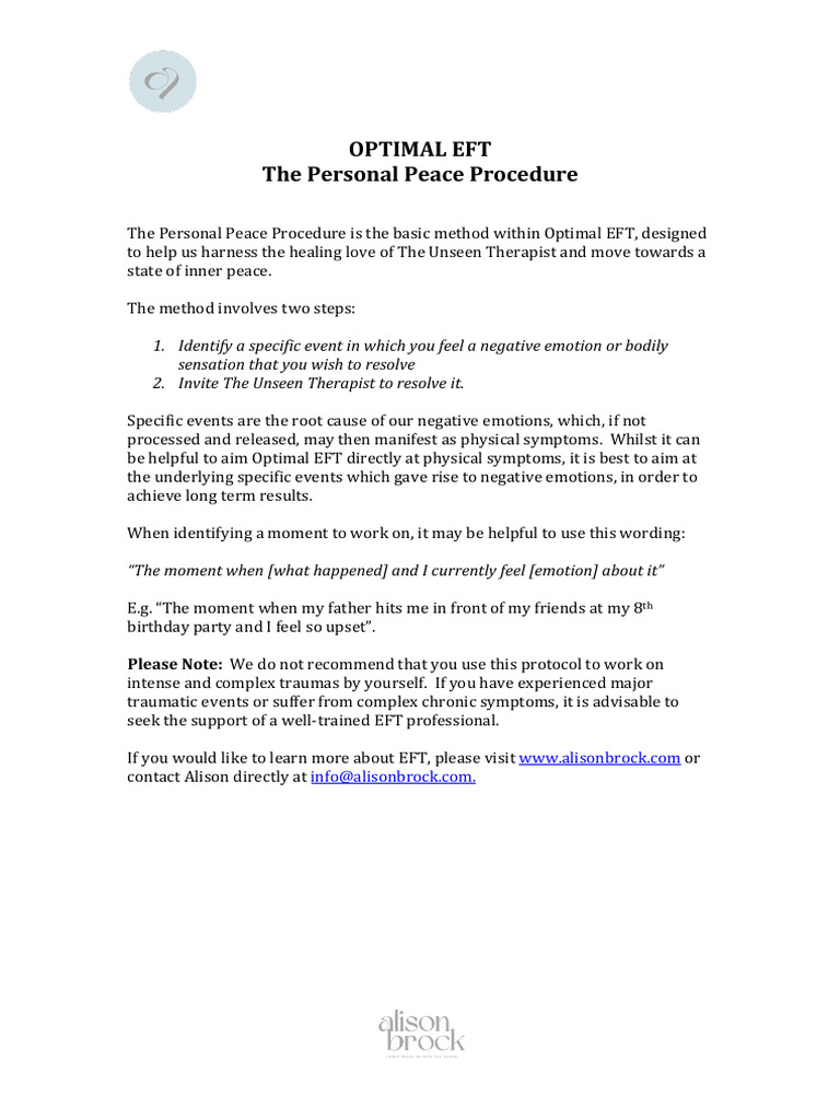 Personal Peace Procedure - Optimal EFT | PDF | Feeling | Psychological ...