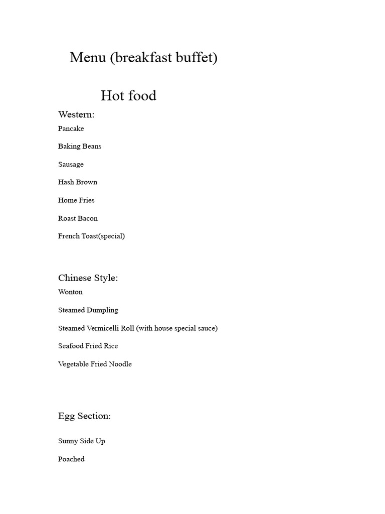 Menu For Breakfast Buffet | PDF