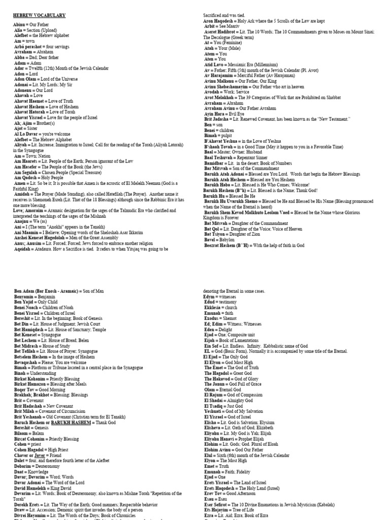 Hebrew Vocabulary Pdf Names Of God In Judaism Jewish Holidays