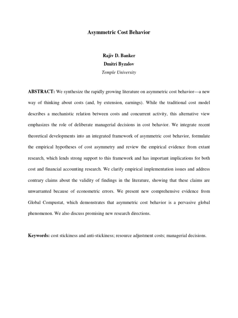 Asymmetric Cost Behavior: Rajiv D. Banker Dmitri Byzalov | PDF | Forecasting | Optimism