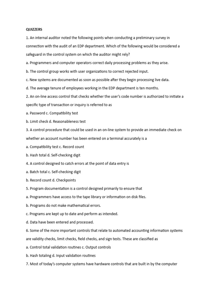 QUIZZERS-Auditing Theory-CIS | PDF | Programming | Computer Program