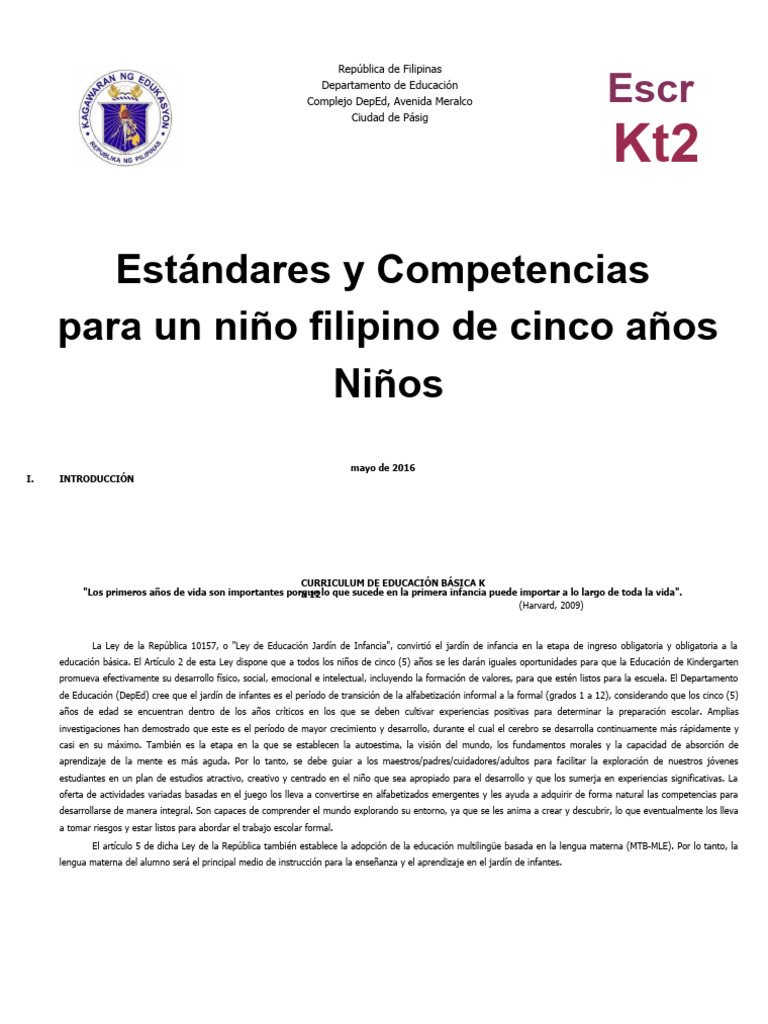 Plan de Estudios de Kindergarten 2016 PDF | PDF | Educación de la ...