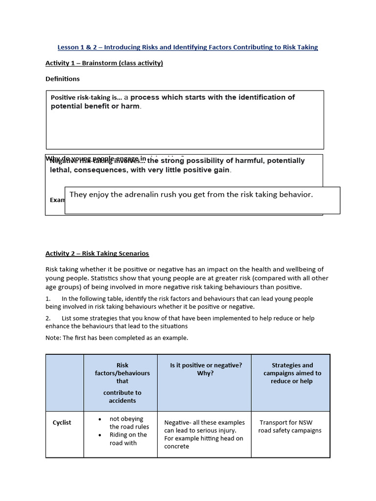 Lessons 1 & 2 - Introducing Risk and Identifying Factors Contributing ...