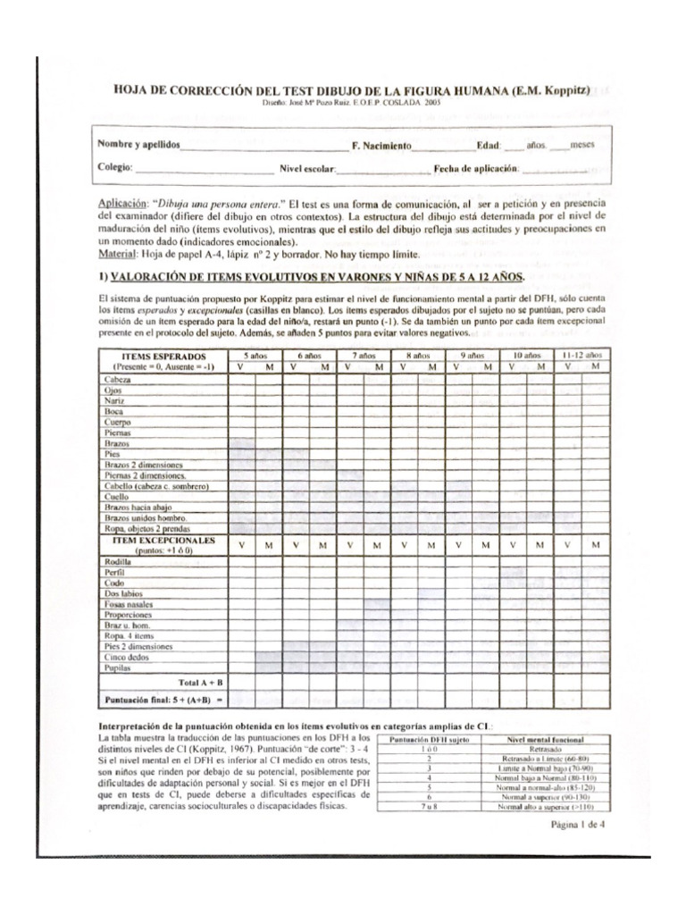 HOJA DE CORRECCION DEL TEST DIBUJO DE LA FIGURA HUMANA (E.M. Koppitz ...