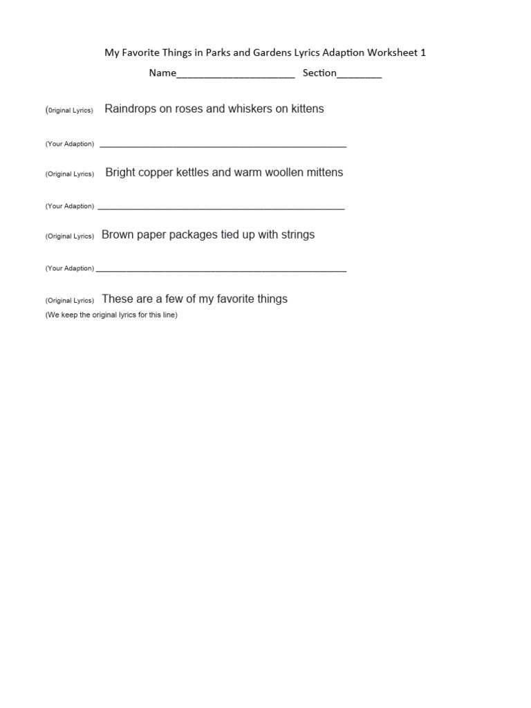 Parks and Gardens Lyrics Worksheet | PDF