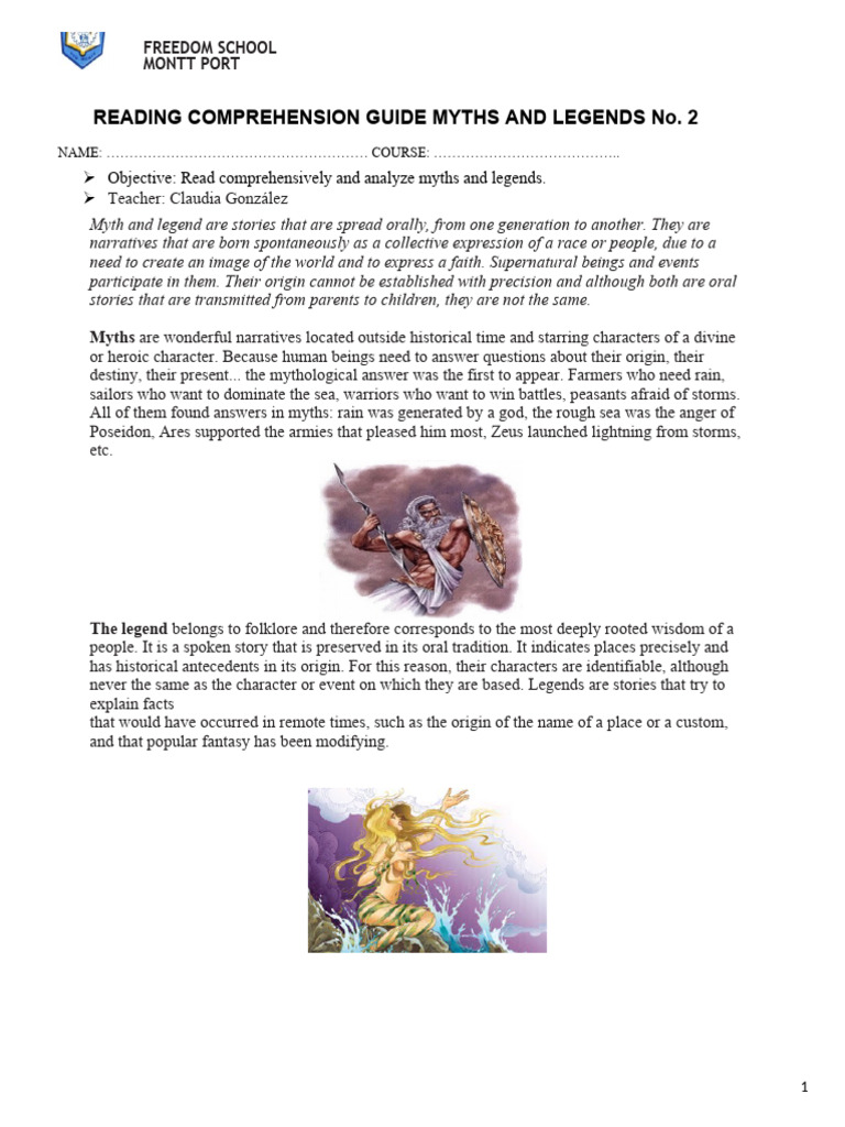 Reading Comprehension Guide To Myths and Legends | PDF | General Fiction