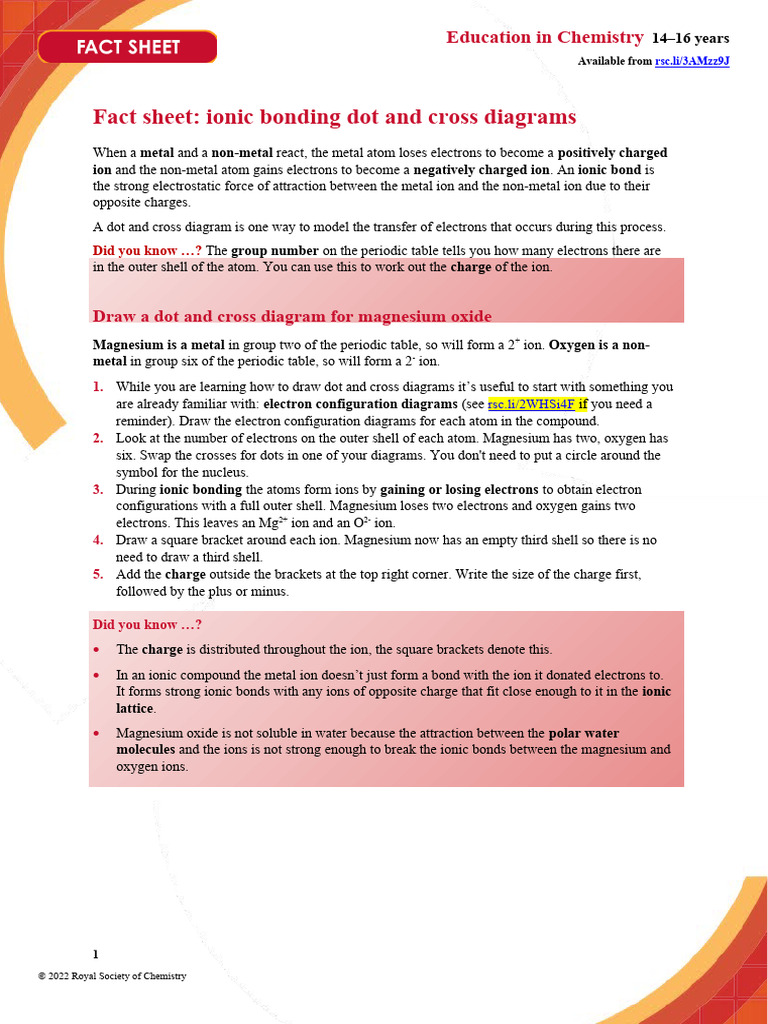 Fact Sheet: Ionic Bonding Dot and Cross Diagrams | PDF | Ion | Ionic ...