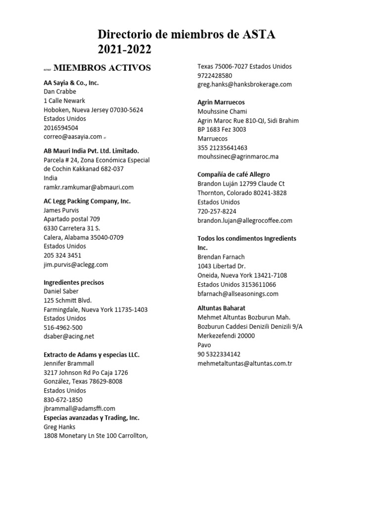 Directorio ASTA 2021-2022 Miembros Activos | PDF