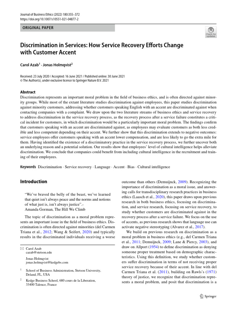 Discrimination in Services: How Service Recovery Efforts Change With ...