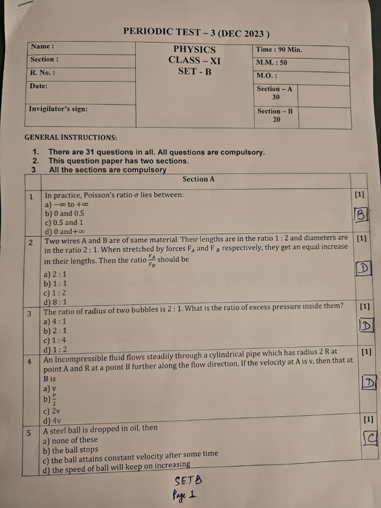 Answer Key Xi Physics Set B | PDF