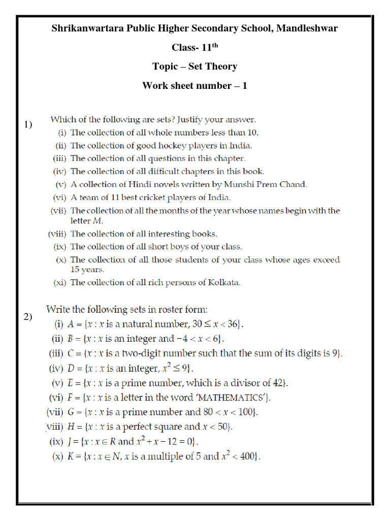 Set Theory Worksheet for Class 11 | PDF