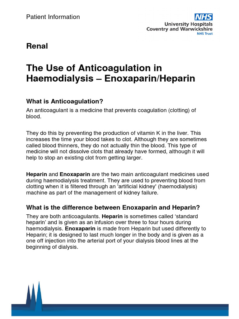 The Use of Anticoagulation in Haemodialysis Enoxaparin Heparin | PDF | Hemodialysis | Clinical ...