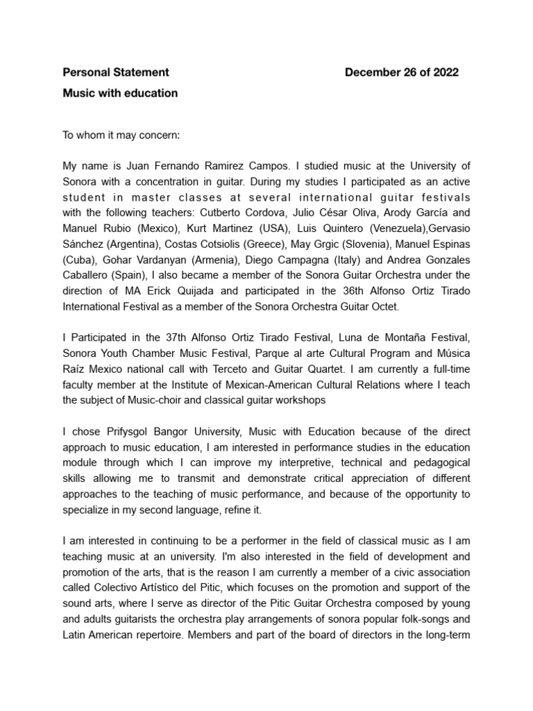 Personal Statement Music With Education | PDF | Performing Arts | Musicology