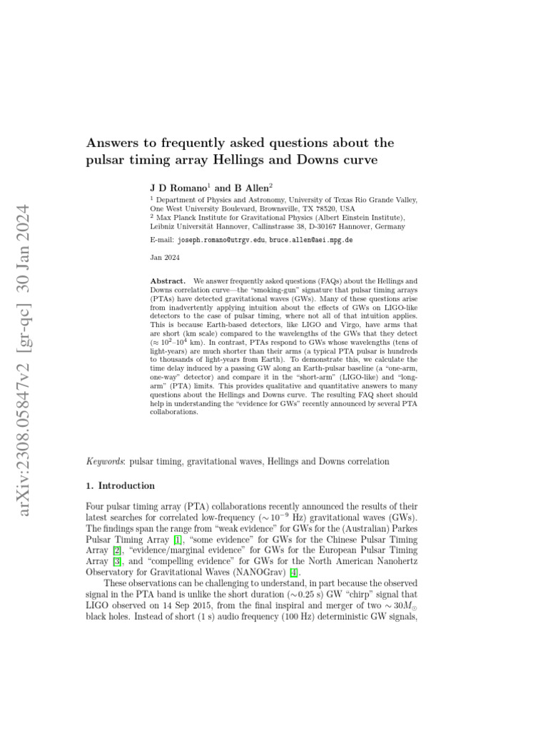 Answers To Frequently Asked Questions About The Pulsar Timing Array Hellings and Downs Curve ...