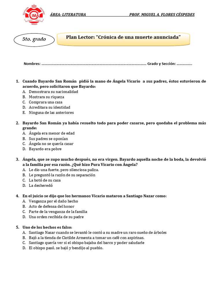 Examen - Crónica de Una Muerte Anunciada | PDF