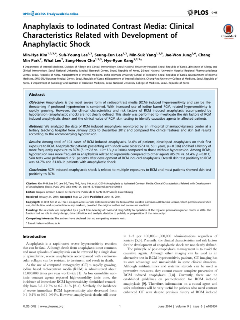 Anaphylaxis To Iodinated Contrast Media | PDF | Allergy | Ct Scan