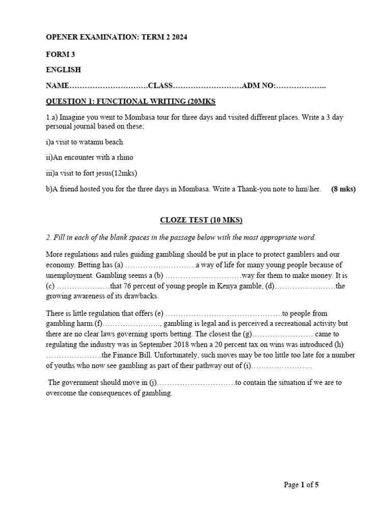 Form 3 Opener Exam T2 2024 | PDF
